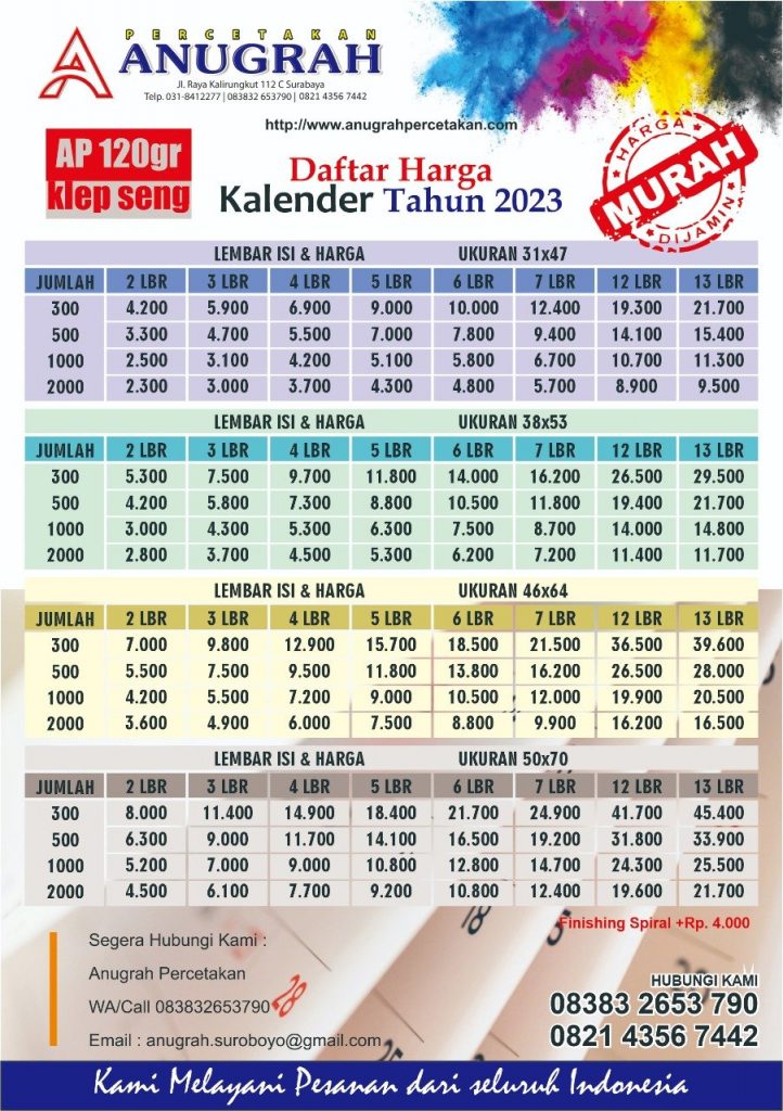Harga Kalender Custom 2023 Murah, Pesan Kalender Dinding 2023, Harga ...